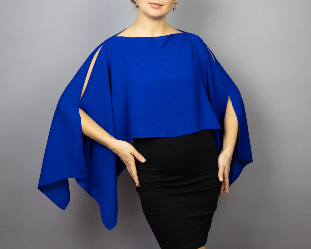 Royal Blue Chiffon Capelet Wrap Shrug Wedding Dress, Luxury Black ...