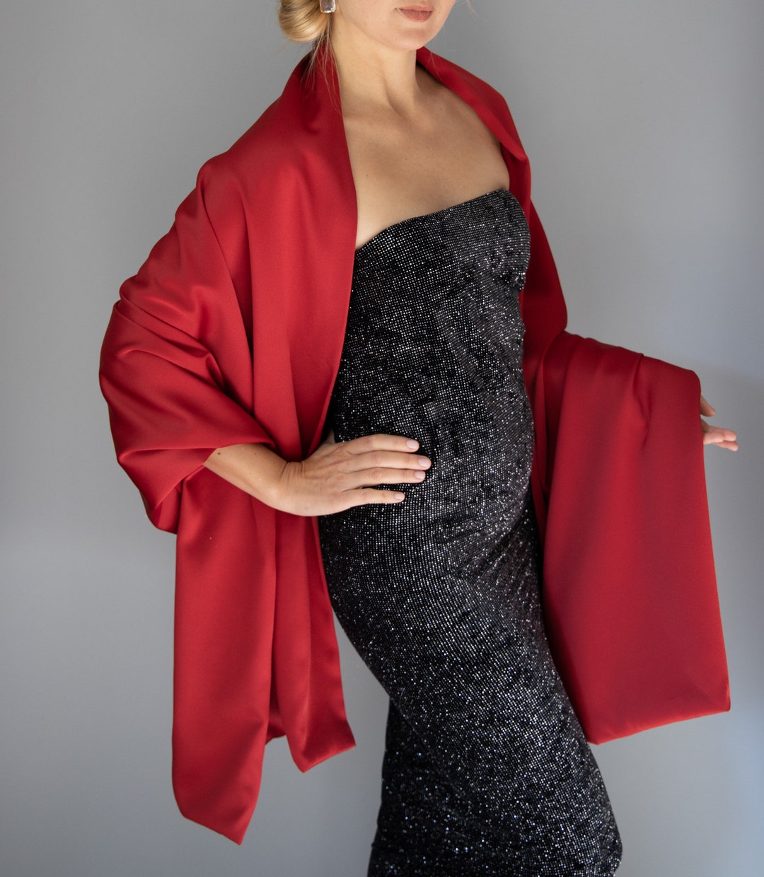 Large Burgundy Red Satin Wrap Shawl Double Sided Wedding or Party Shrug ...