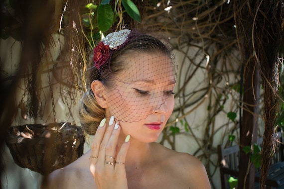 Burgundy Birdcage Veil / Russian Veil / Elegant Simple and | Etsy