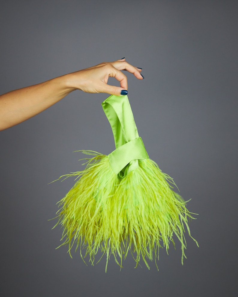 Japanese Knot Bag Feathers Purse Feathers Clutch Neon Green Bag Unique ...