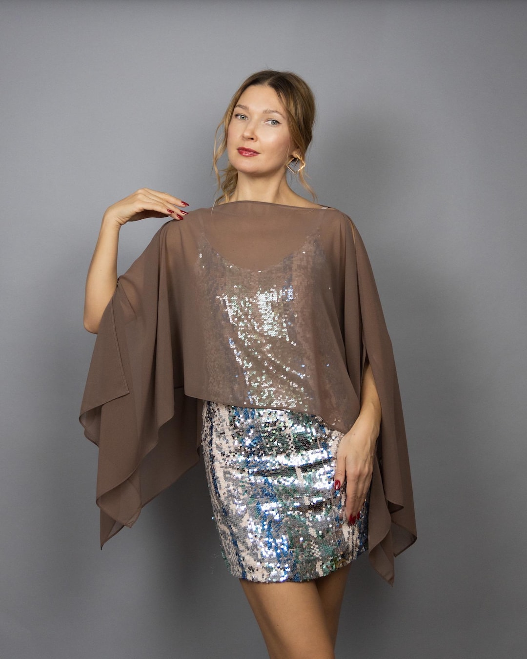 Taupe Brown Chiffon Capelet Wrap Shrug, Woman Wrap, Luxury Evening ...