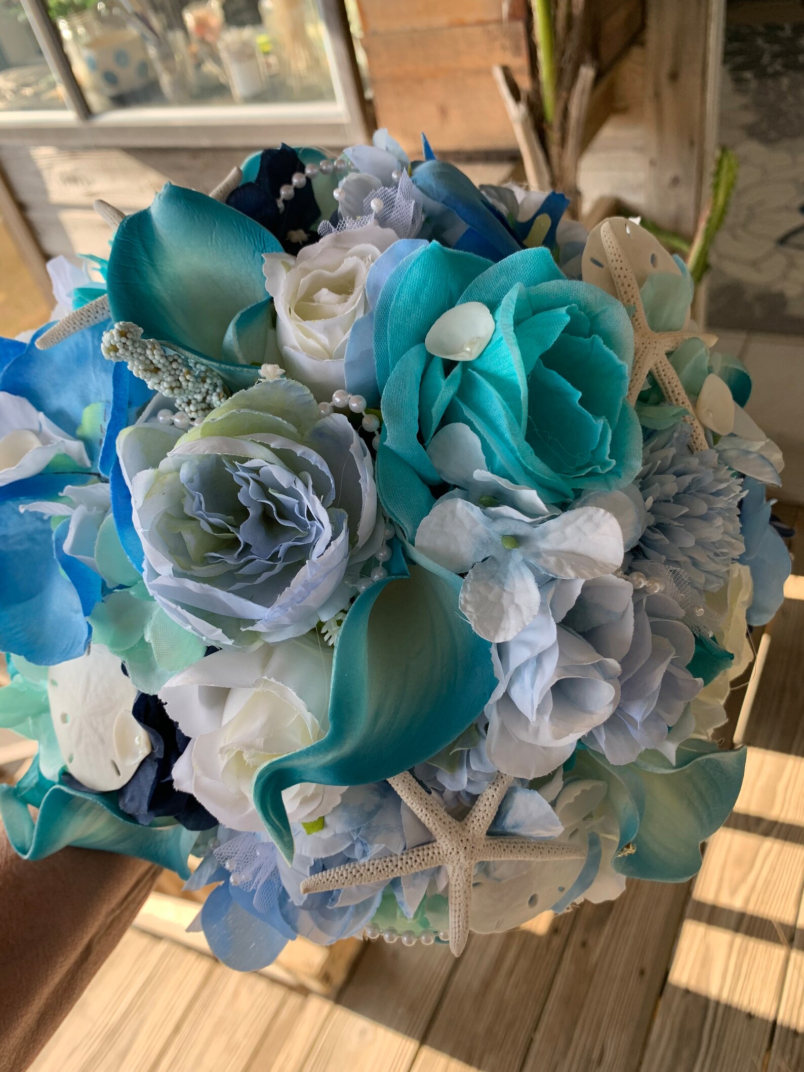 NEW Light Blue and Teal Seashell and White Hydrangea Roses Orchids ...