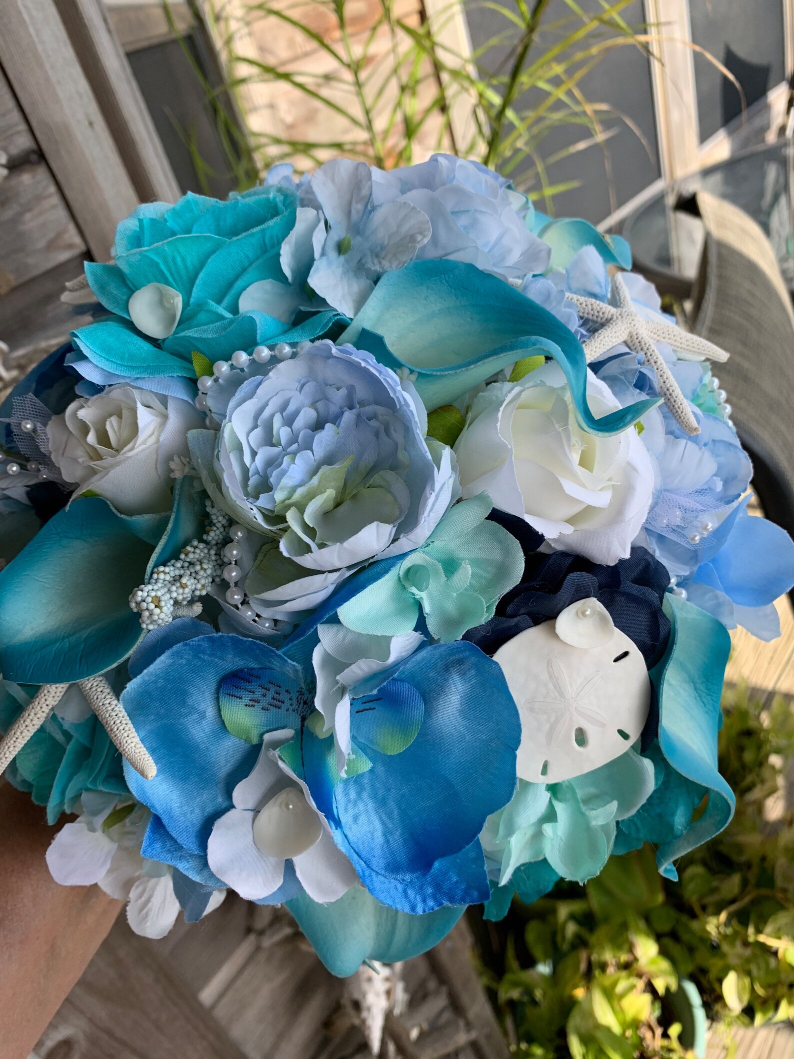 NEW Light Blue and Teal Seashell and White Hydrangea Roses Orchids ...