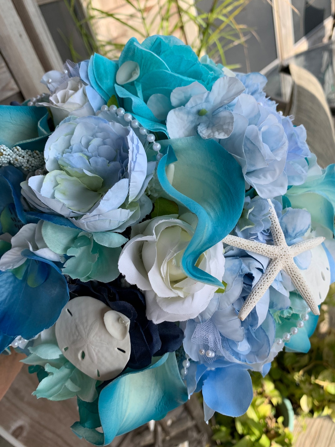 NEW Light Blue and Teal Seashell and White Hydrangea Roses Orchids ...