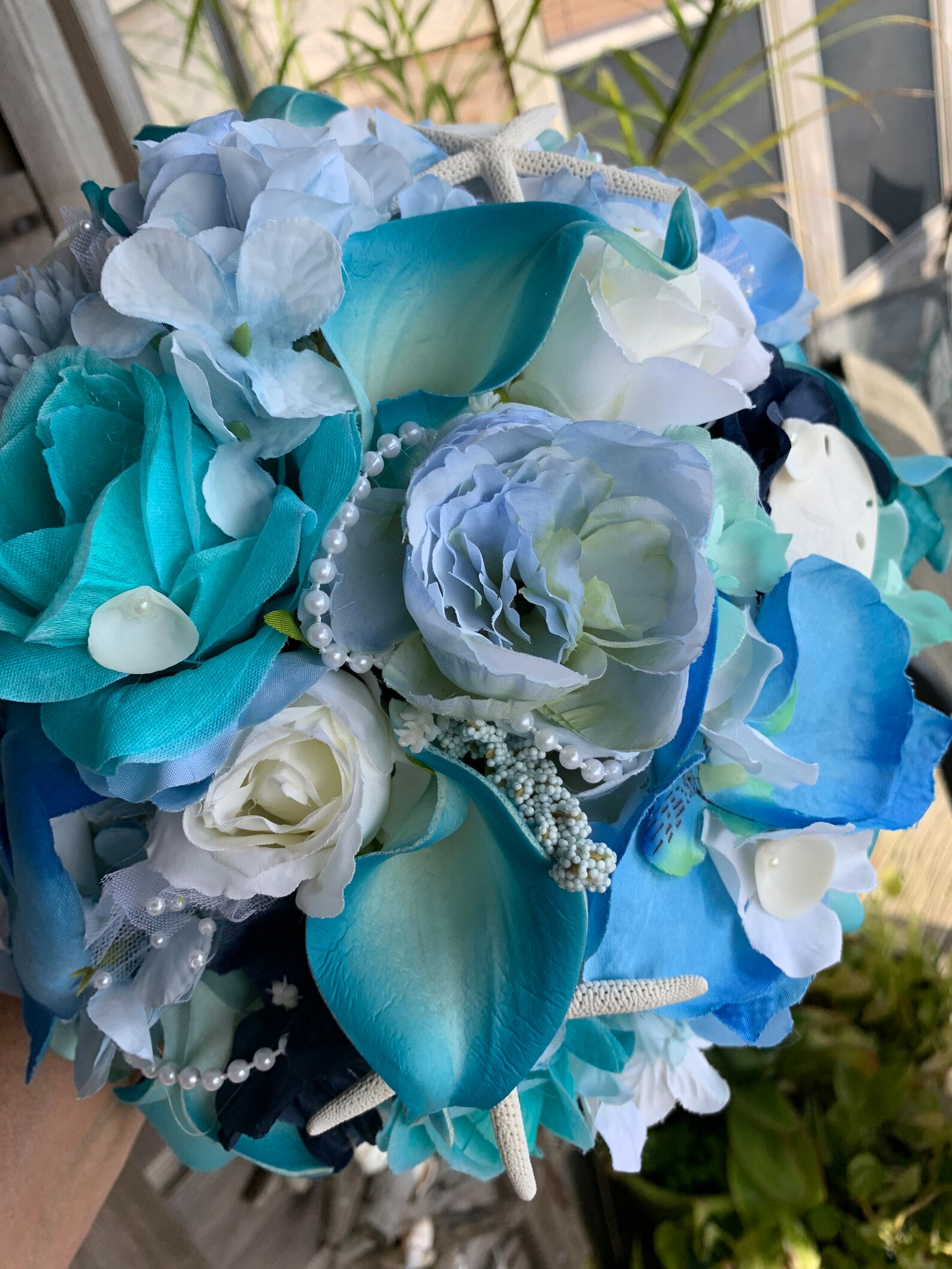NEW Light Blue and Teal Seashell and White Hydrangea Roses Orchids ...