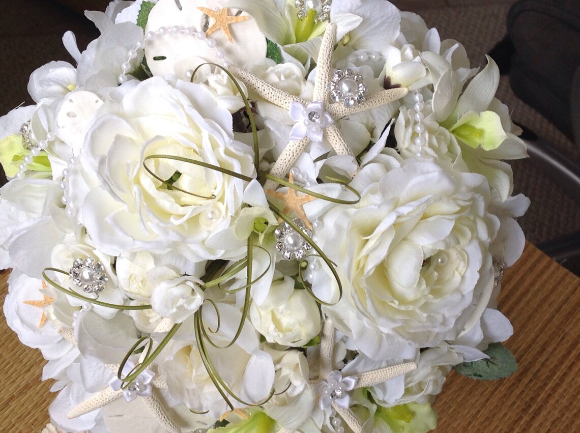Seashell Bling Bridal Bouquet with Garden Roses Orchids | Etsy