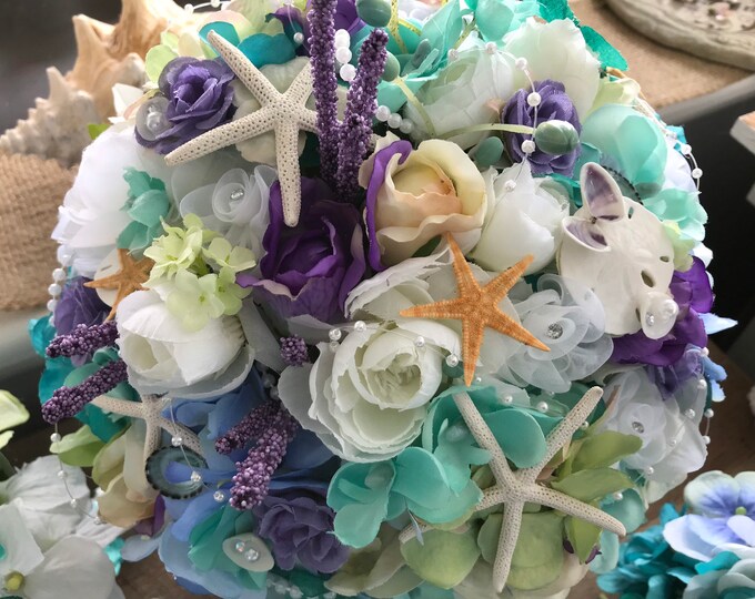 Ocean Blues Beach Bridal Bouquet of Seashells Roses Hydrangea Orchids ...