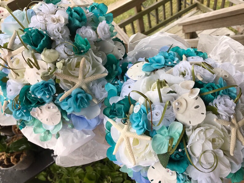 Ocean Blues Beach Bridal Bouquet of Seashells Roses Hydrangea | Etsy
