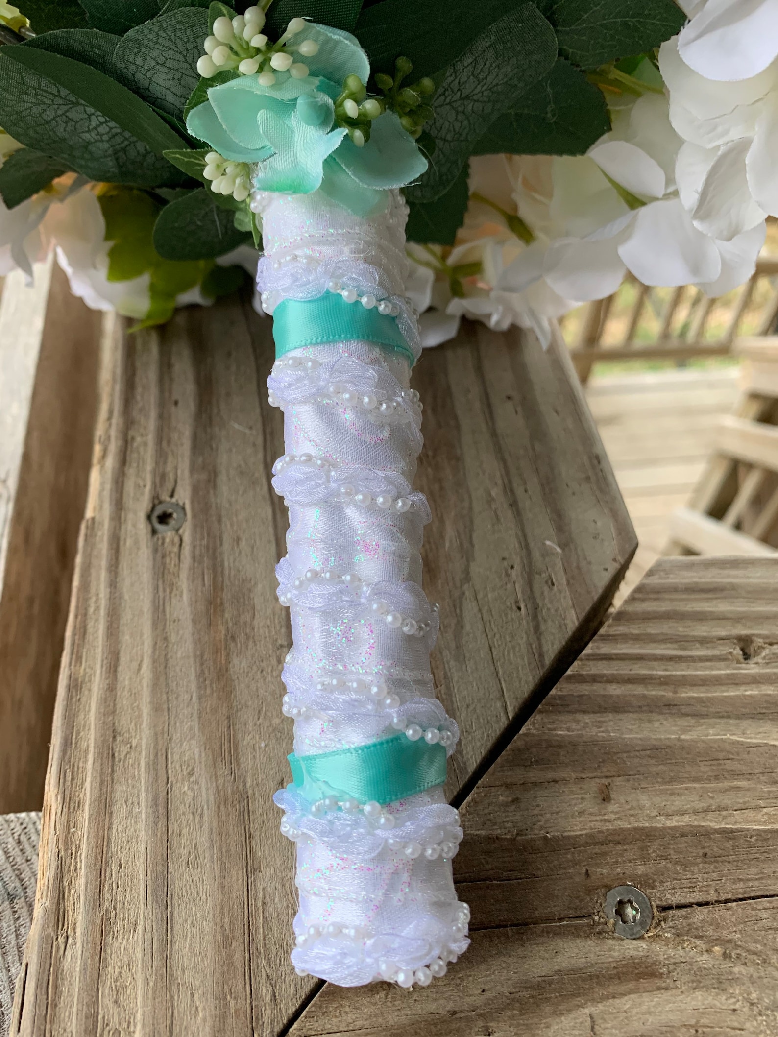 NEW Light Blue and Teal Seashell and White Hydrangea Roses Orchids ...