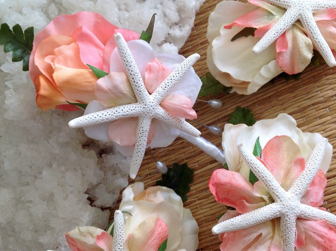 Beach Seashell Rose and Starfish Boutonniere Light Coral or - Etsy