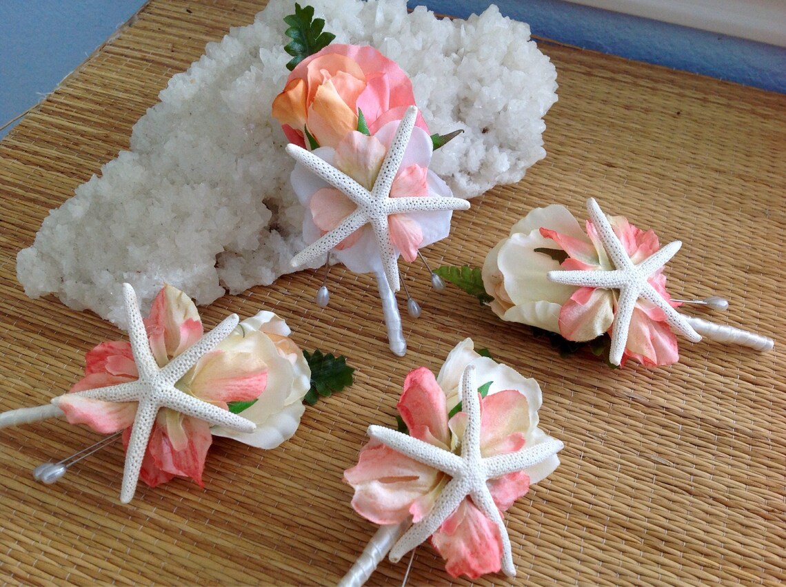 Beach Seashell Rose and Starfish Boutonniere Light Coral or - Etsy