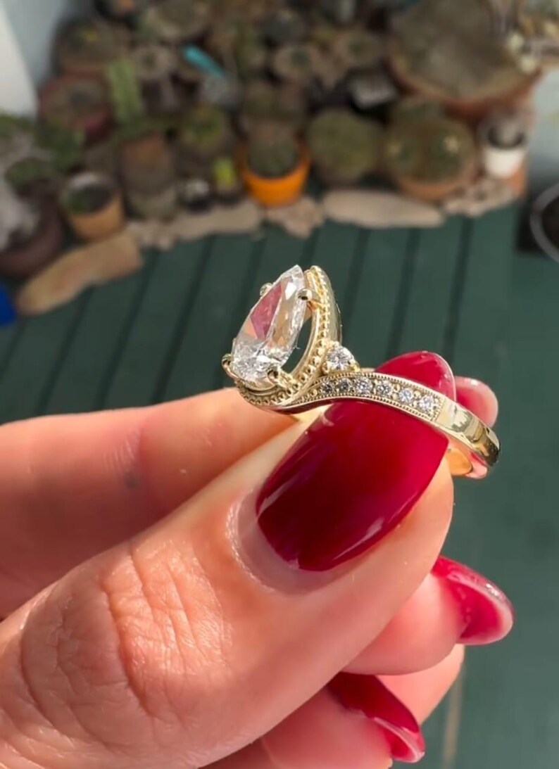 3 CT Pear Lab Grown Diamond Engagement Ring, , Curved Tapered Band ...