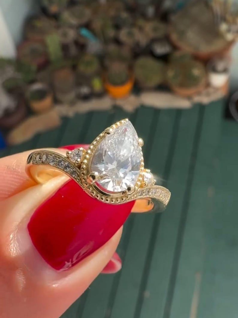 3 CT Pear Lab Grown Diamond Engagement Ring, , Curved Tapered Band ...
