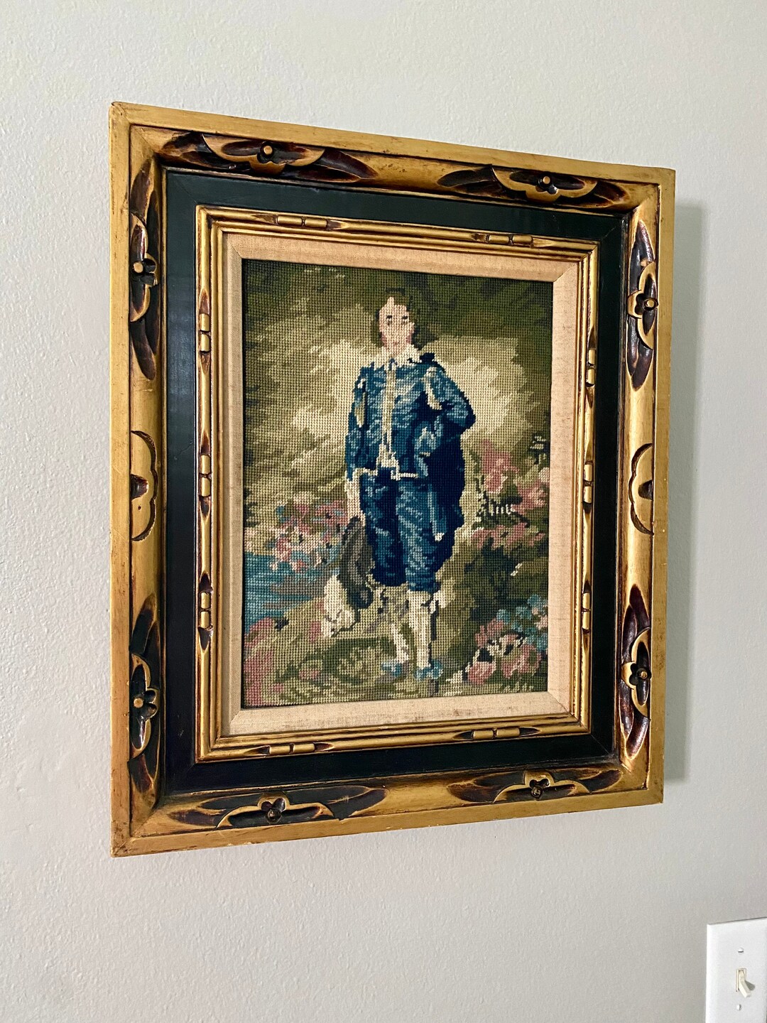 Vintage Needlepoint Blue Boy Wall Art Large Framed - Etsy