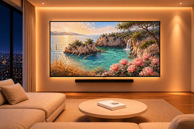 Frame TV Decor | Turquoise Water Oil Painting | Waterfall Landscape ...