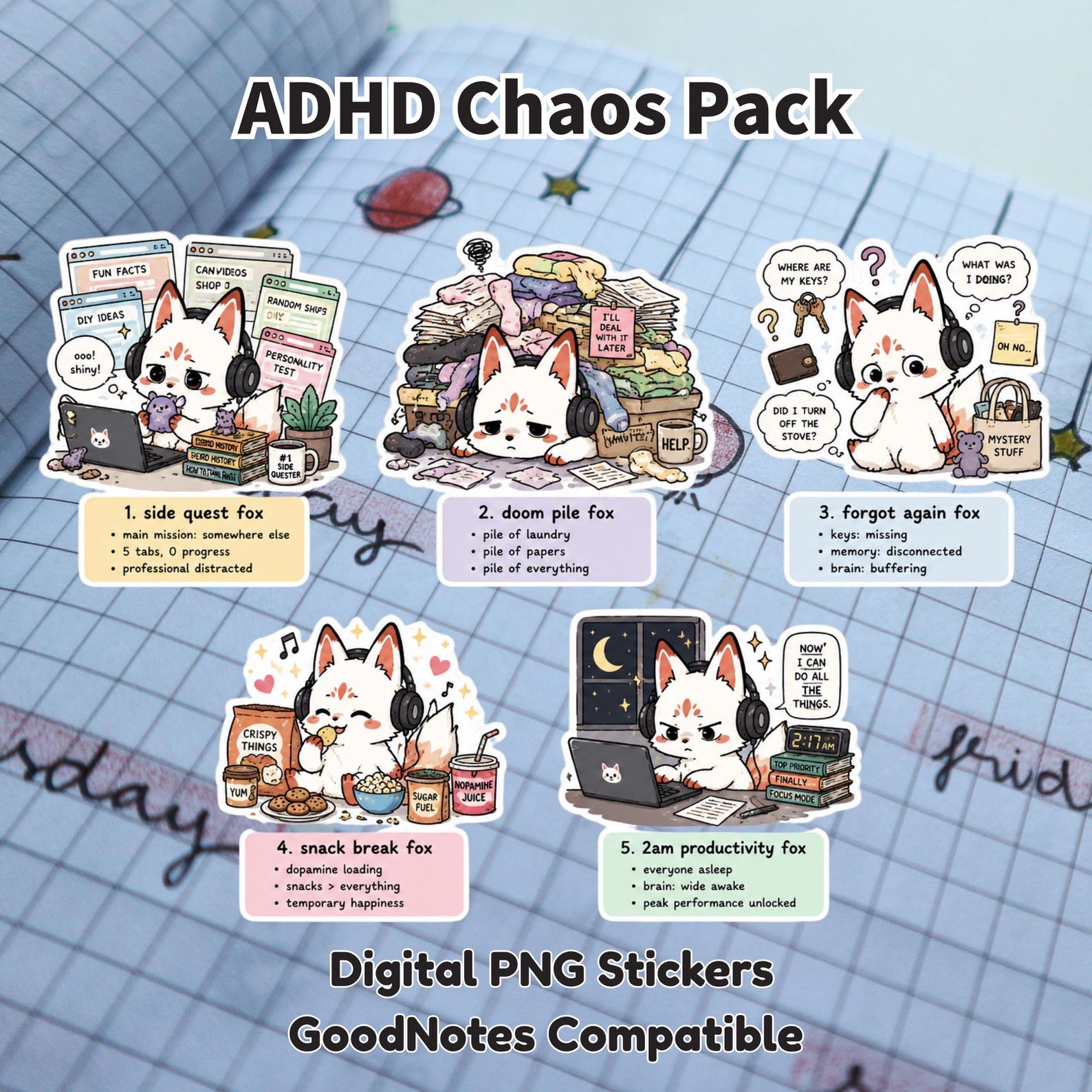 ADHD Chaos Fox Digital Stickers | Neurodivergent Planner PNG Pack ...