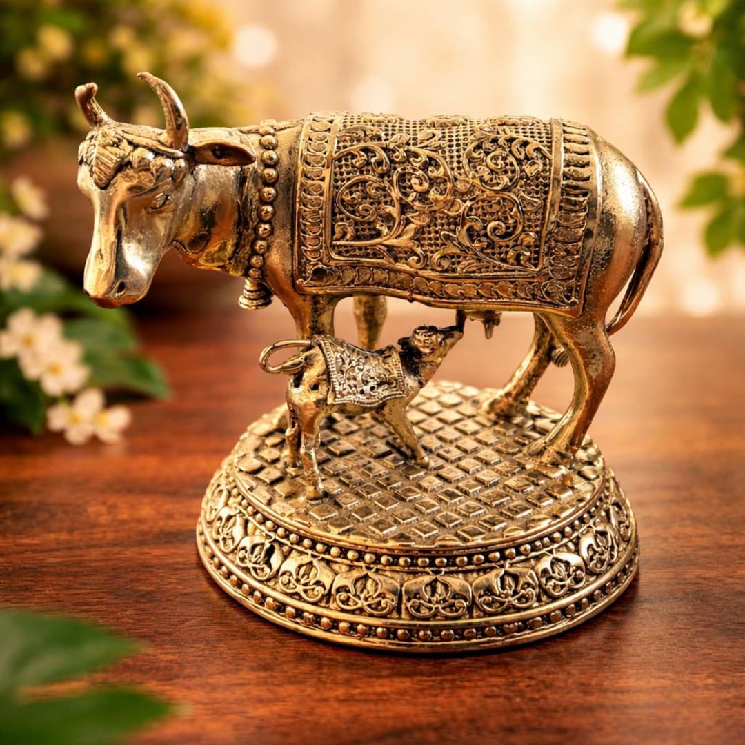 Brass Kamadhenu Cow Calf Statue: Sacred Hindu Puja Idol, Vastu Home ...