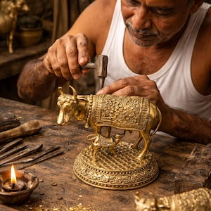 Brass Kamadhenu Cow Calf Statue: Sacred Hindu Puja Idol, Vastu Home ...