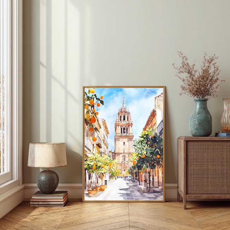 Valencia Cathedral Print: Watercolor Spanish City With Orange Trees - Etsy