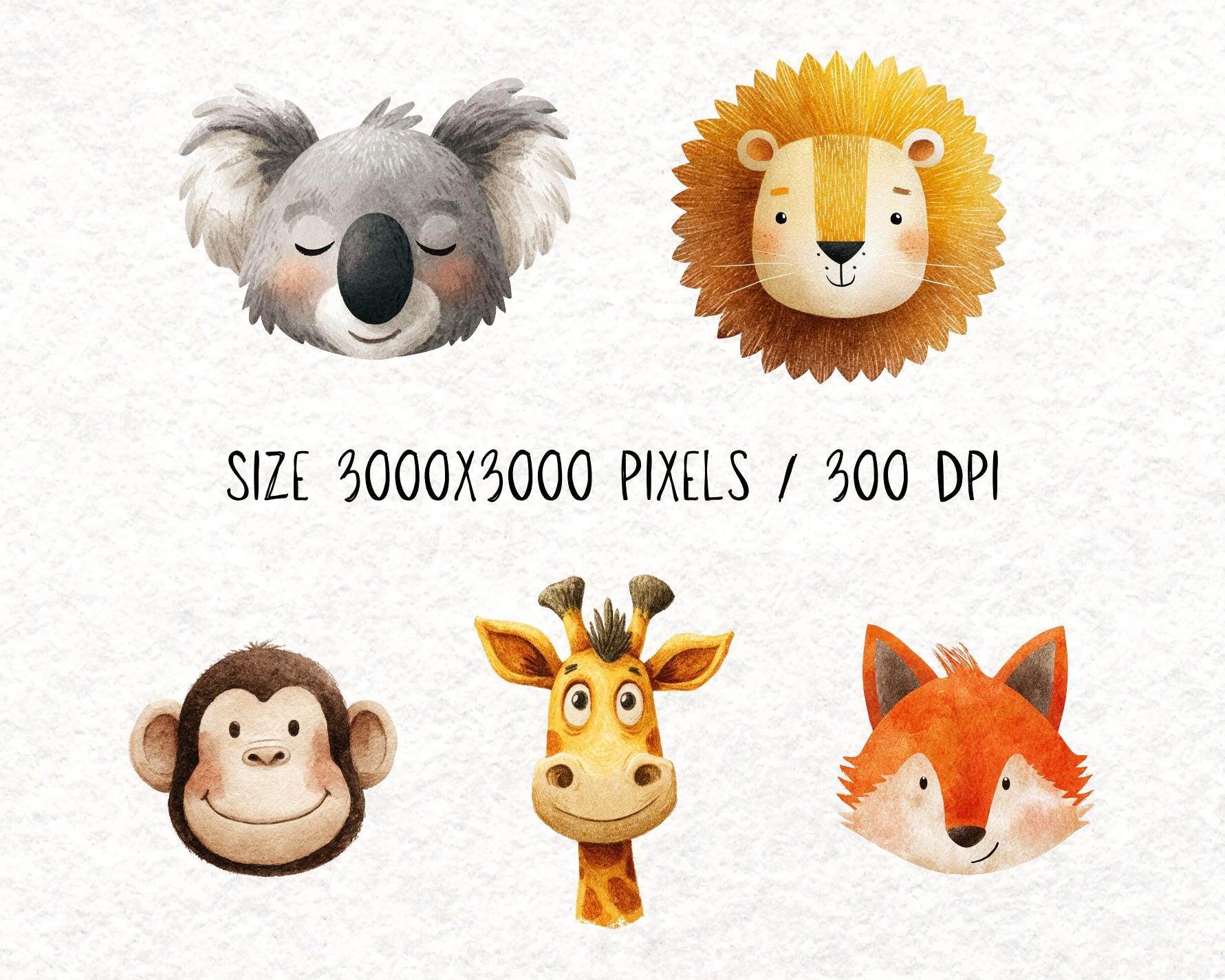 Safari Animal Faces Clipart, Jungle Nursery PNG, 300 DPI (digital ...