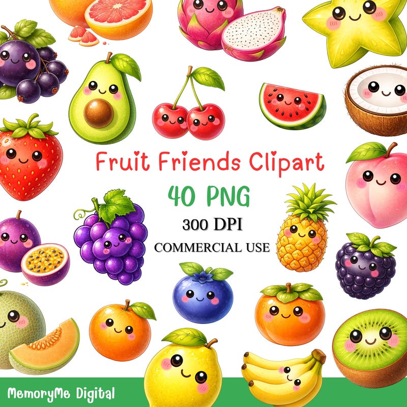 Kawaii Fruit Clipart - Etsy