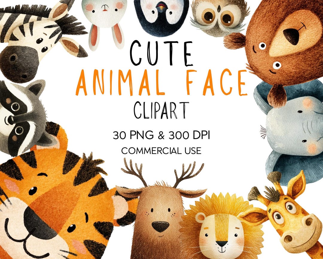 Safari Animal Faces Clipart, Jungle Nursery PNG, 300 DPI (digital ...
