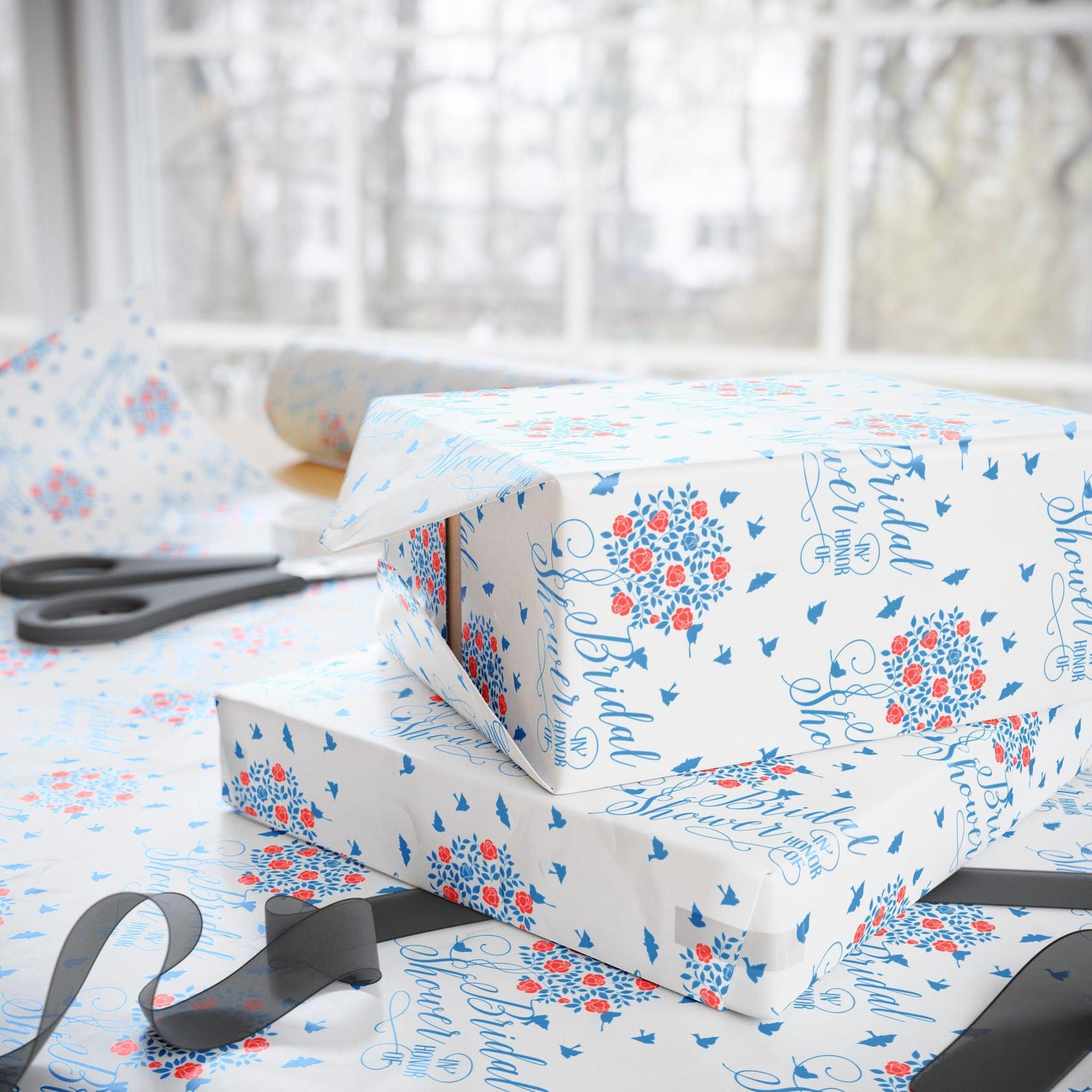 Floral Bridal Shower Wrapping Paper - Coral, Teal Blue Bouquet - Etsy