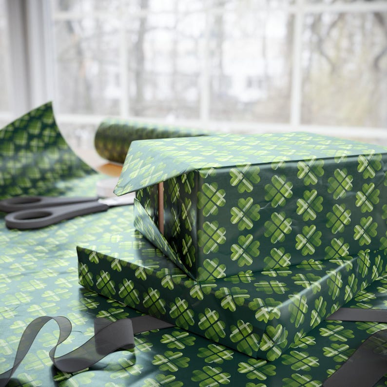 St Patrick's Day Wrapping Paper: Green Clover Tartan - Matte or Glossy ...