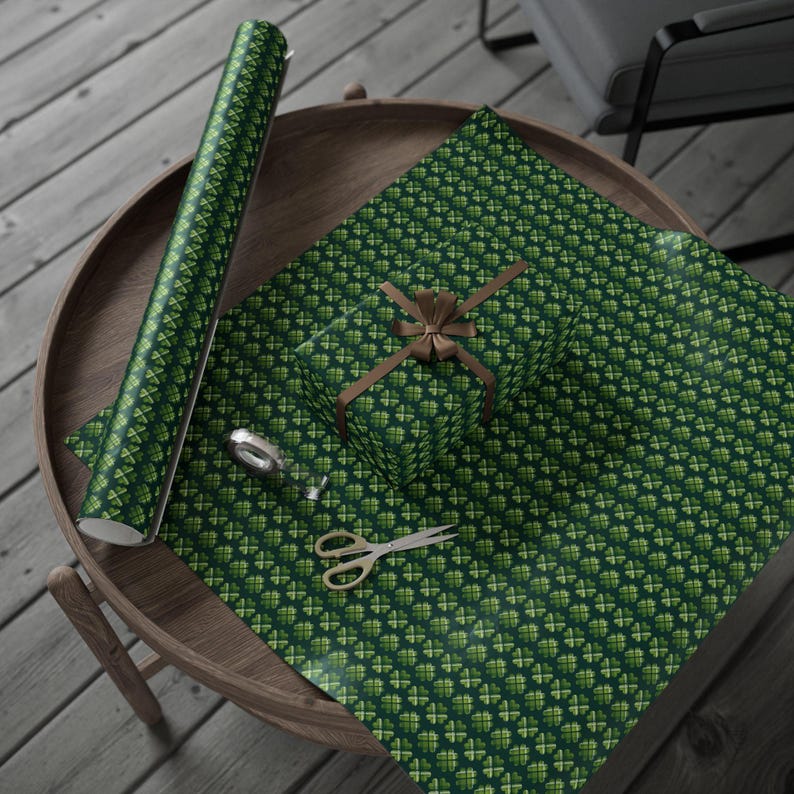 St Patrick's Day Wrapping Paper: Green Clover Tartan - Matte or Glossy ...