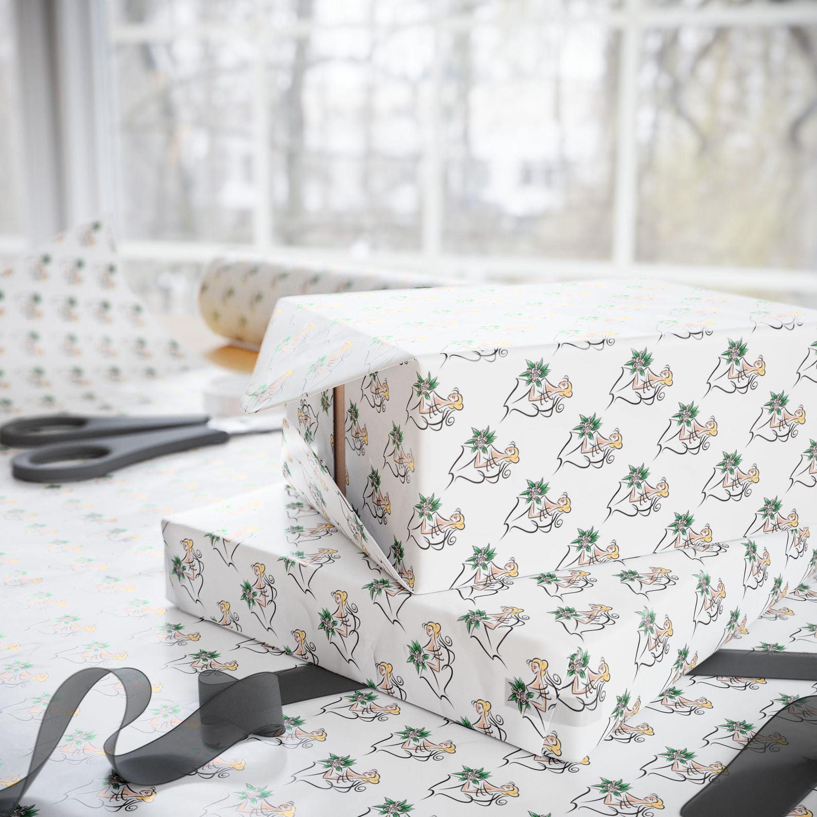 Bridal Shower Wrapping Paper - Romantic Bride and Bouquet Design - Etsy