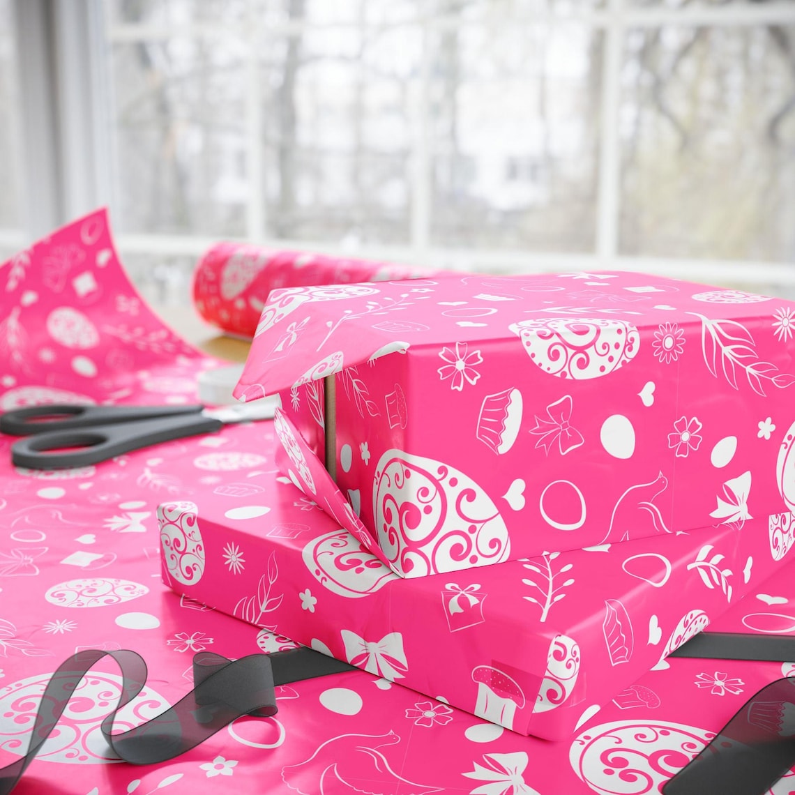 Pink Easter Gift Wrap - Bright Pattern With Hearts, Stars, and Cozy ...
