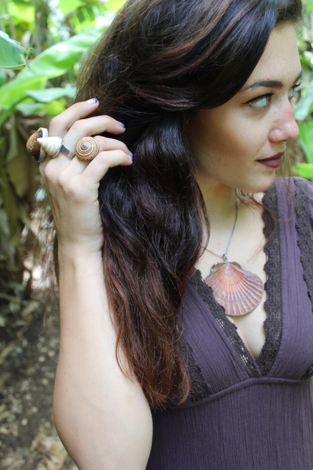 Natural Brown White Seashell Adjustable Boho Ring Set in Sterling ...