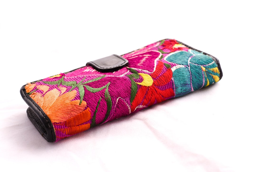 Floral Huipil Leather Wallet: Guatemalan Textile Embroidered Bohemian ...