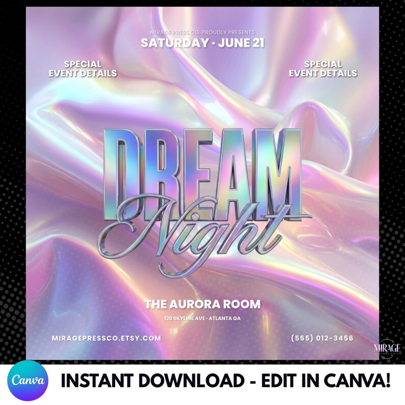 Club Flyer Template : Iridescent Dream Night DJ Promoter Canva Editable ...