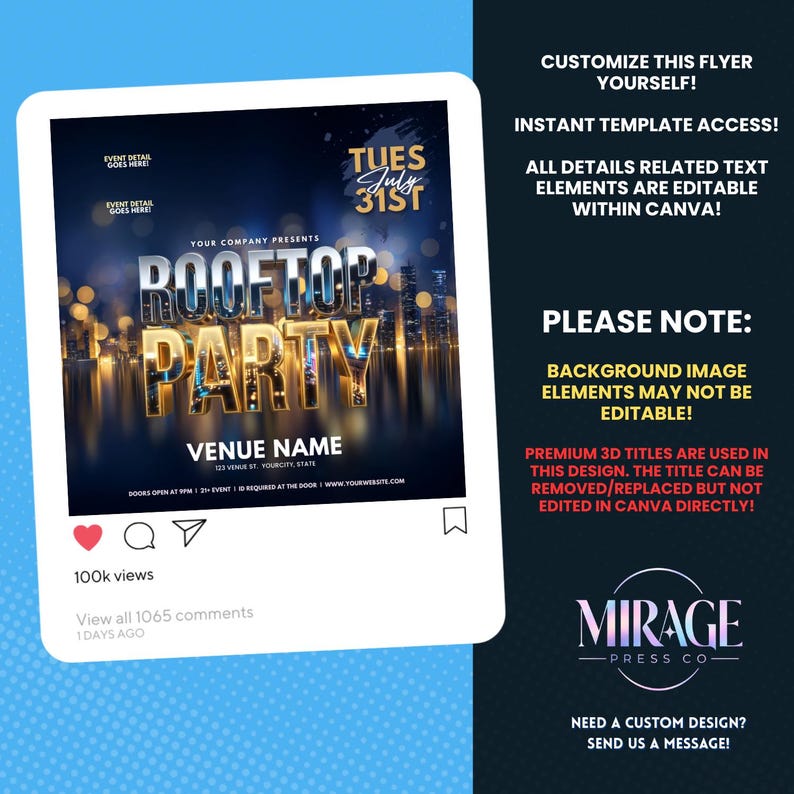Rooftop Party Flyer Template : Summer Club Promoter Canva Editable ...