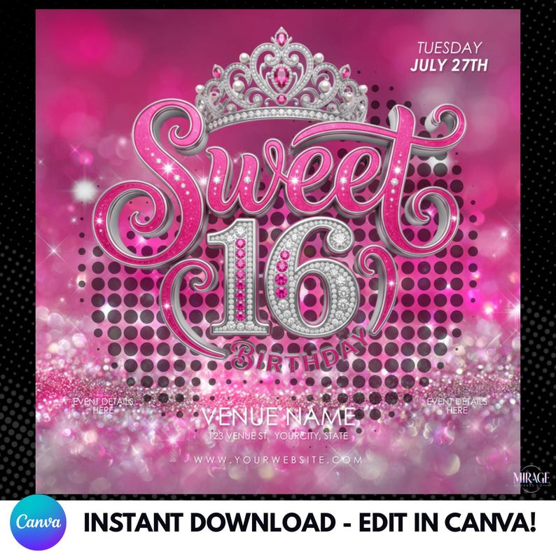 Sweet 16 Flyer Template : Pink Bling Birthday Party Planner Canva ...
