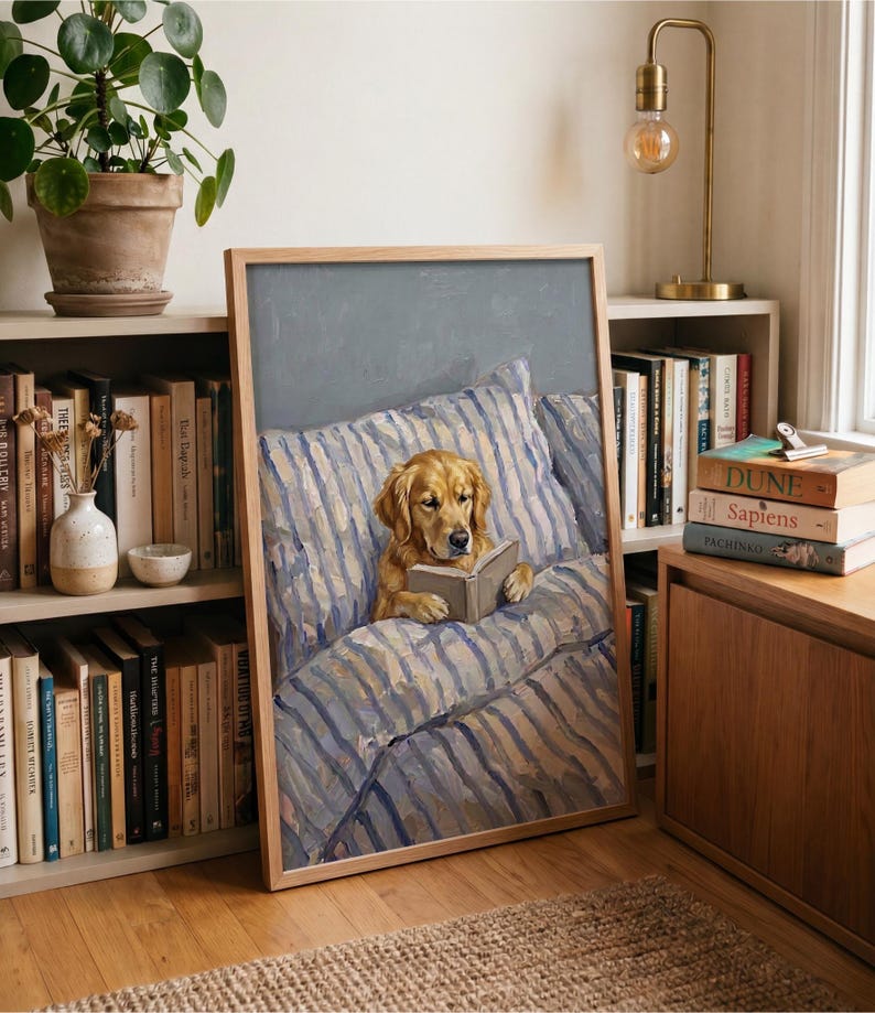 Golden Retriever in Bed Poster, Dog Reading Book Wall Art - Etsy