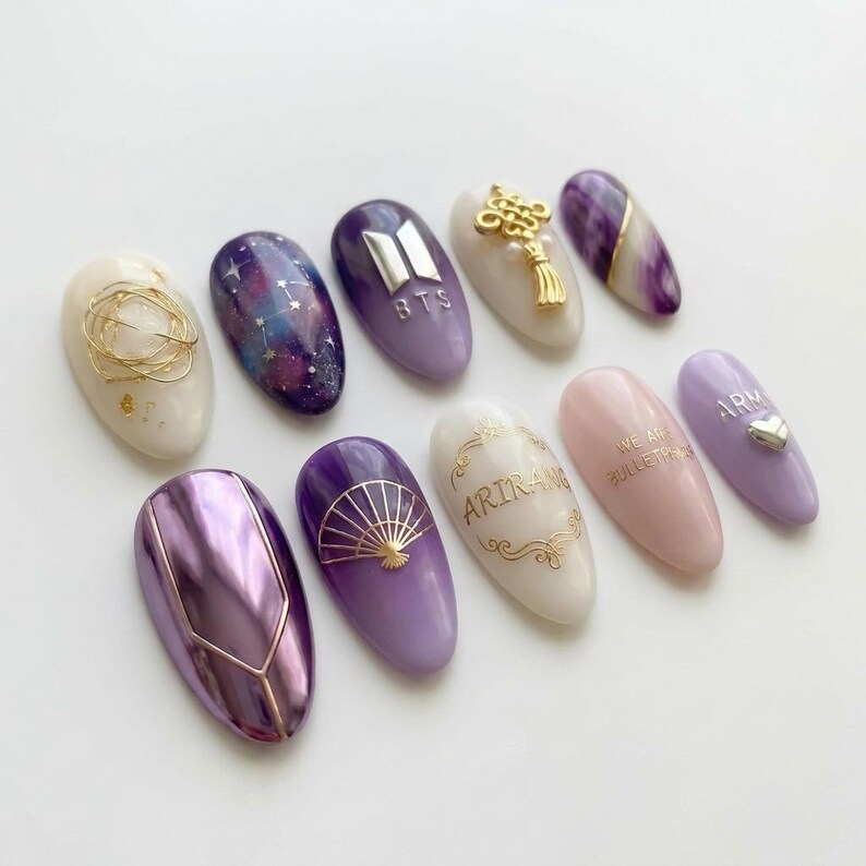 Borahae Purple Galaxy Press on Nails | Luxury 3D Gold Knot Nail Art (k ...