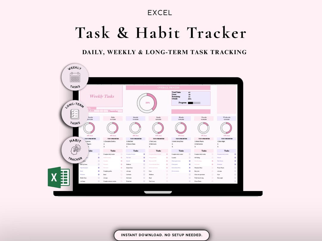 Excel Task & Habit Tracker: Daily, Weekly, Long-term Planner (digital ...