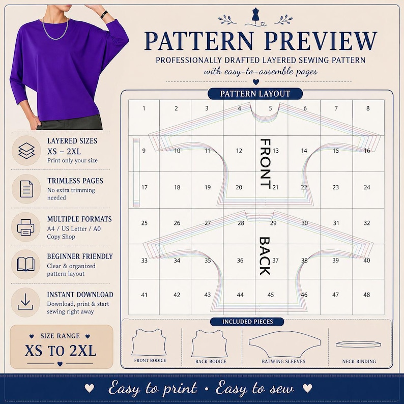 Oversized Batwing Blouse Sewing Pattern, Relaxed Dolman Top PDF (XS–2XL ...