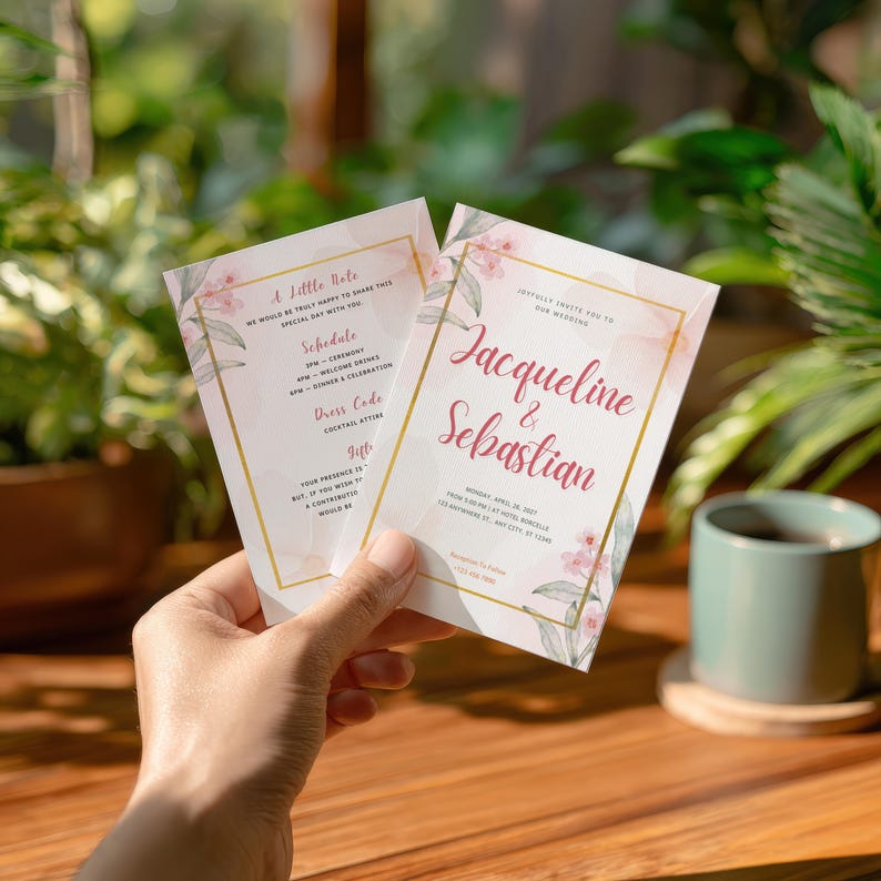 Pink Grey Wedding Invitation Template, Minimalist Floral Canva Invite ...