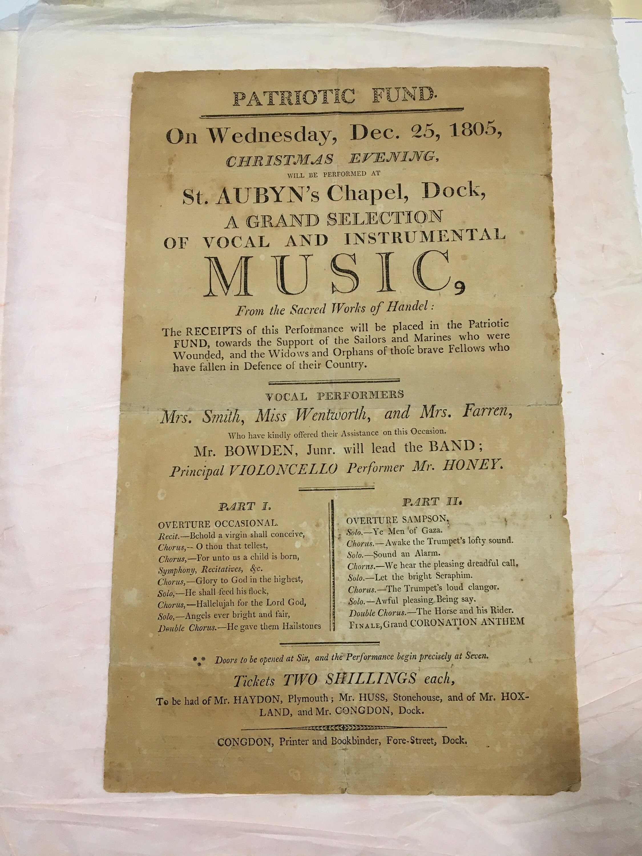 Original Circa 1805 Handbill for English Christmas Concert of Handel ...