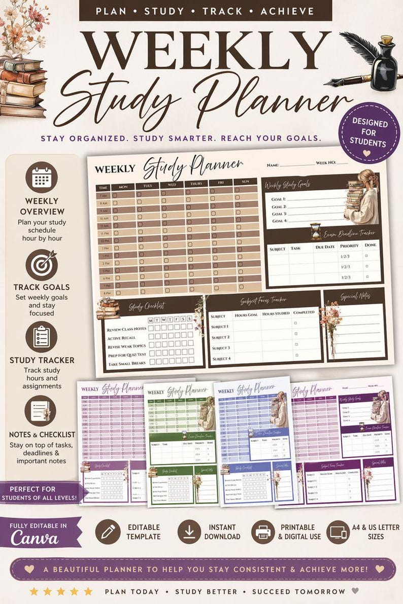 Weekly Study Planner | Student Exam Schedule, Revision Tracker (instant ...