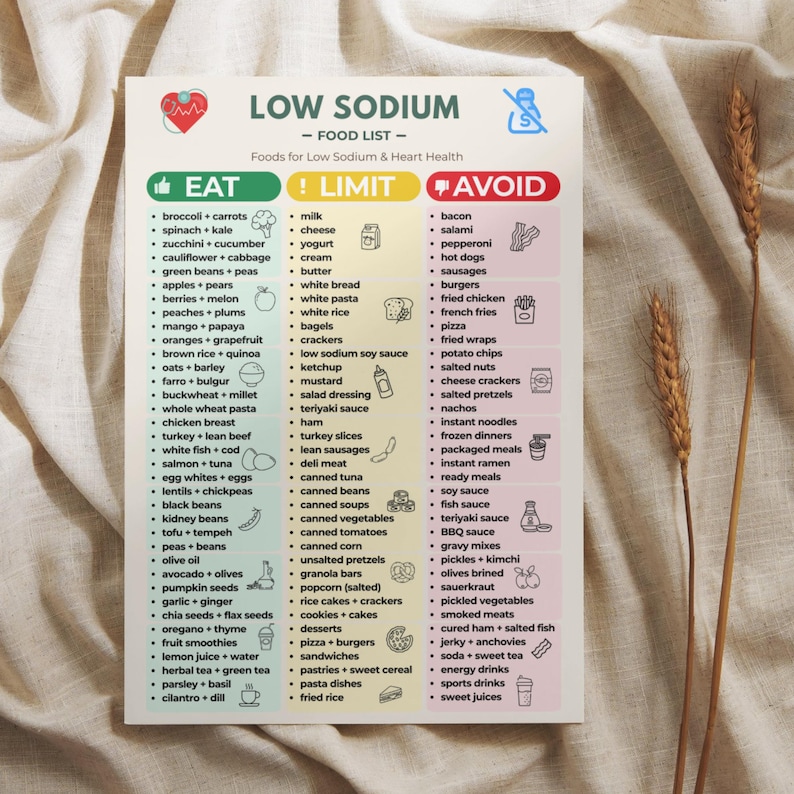 Low Sodium Food List Printable, DASH Diet Chart, Eat Limit Avoid Guide ...