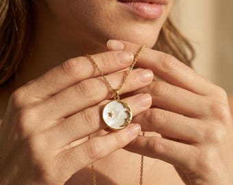 Moon Star Necklace Gold • Mother of Pearl Moon Pendant • Summer ...