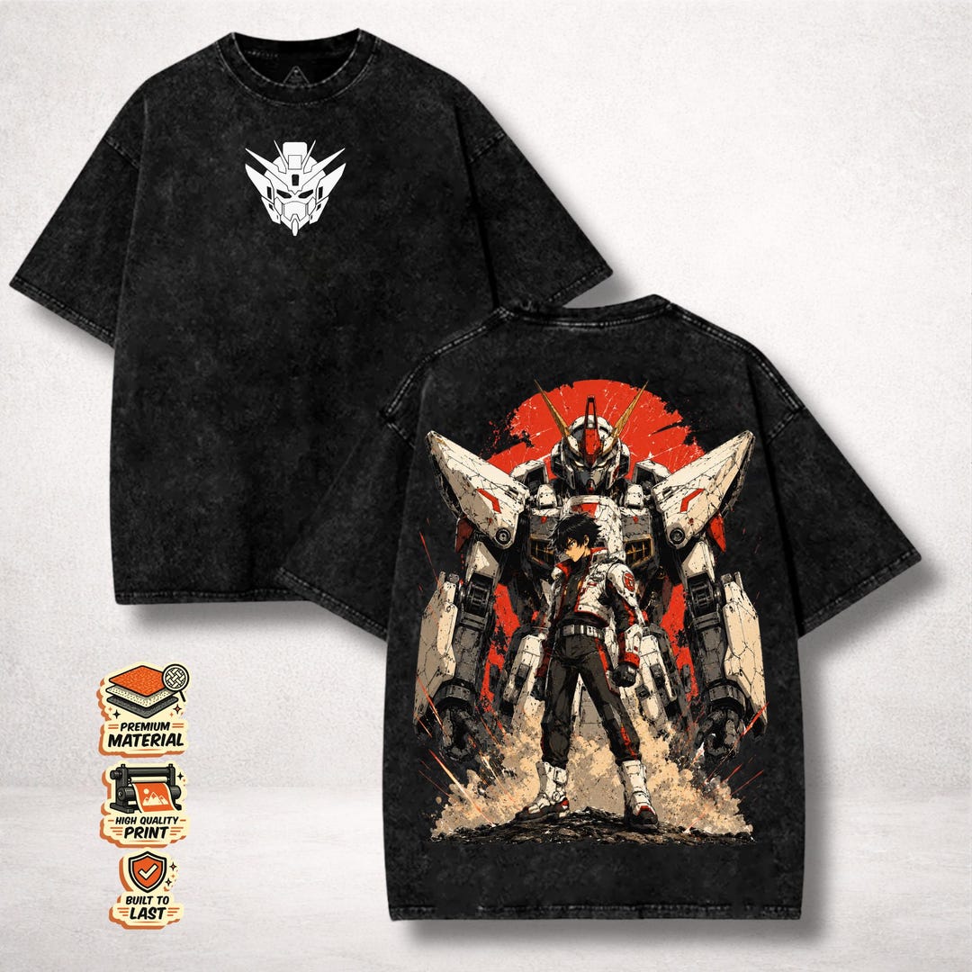 Mecha Ren Shirt, Giant Robot Pilot Washed Anime Tee, Red Sun Mecha Back ...