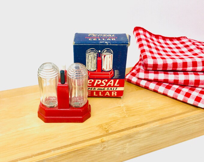 Pepsal, Pepper and Salt Cellar, Red Bakelite, Glass Shakers, Imperial ...