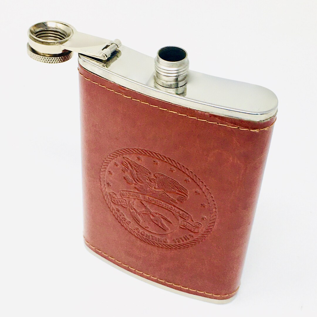 Stainless Steel Flask, Wrapped Brown Leather, Embossed, 13th Marine ...