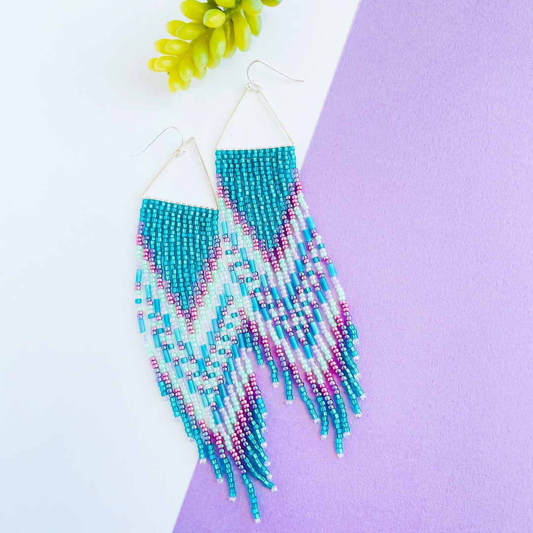 Gorgeous Sparkling Teal Beaded Fringe Earrings - Etsy