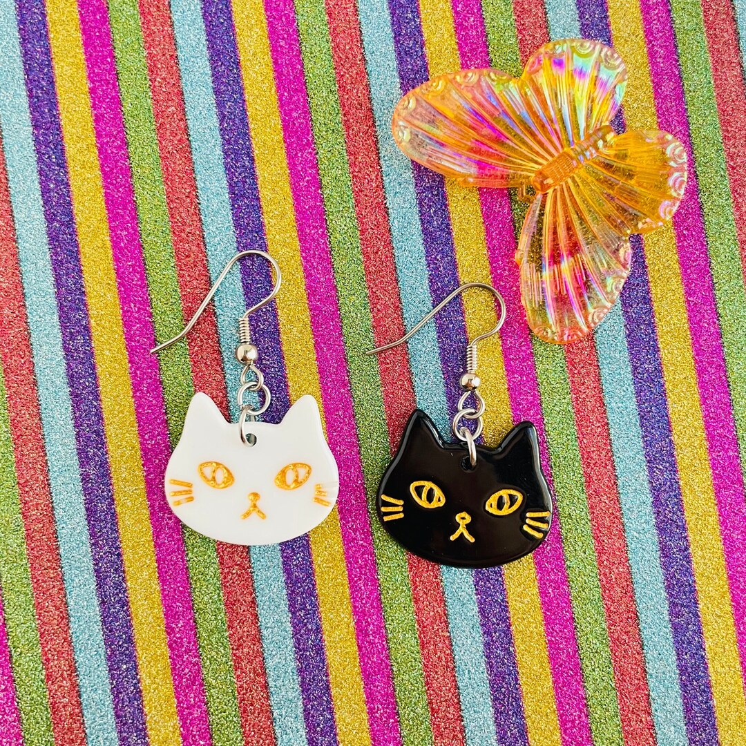 Cat Face Earrings, Mismatched Cat Earrings, Hypoallergenic, Tarnish ...